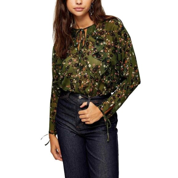 Topshop | Tops | Topshop Floral Ruffle Chiffon Blouse Long Sleeve Top ...